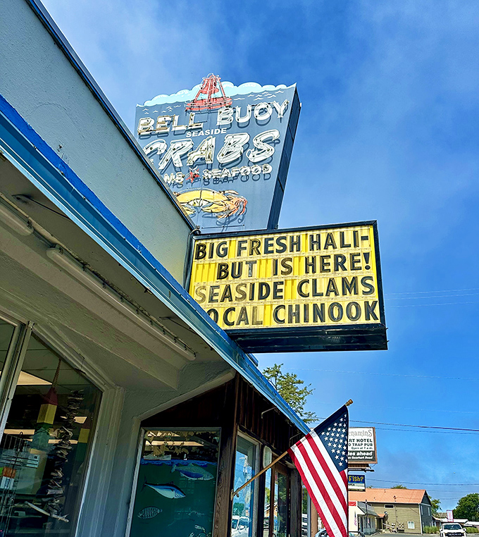 That marquee announcing "BIG FRESH HALIBUT" isn't just advertising &ndash; it's a promise that's kept with every golden-fried bite.
