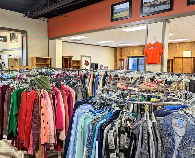 Racks upon colorful racks – this thrift store's clothing section is a rainbow of possibilities for budget-conscious fashionistas.