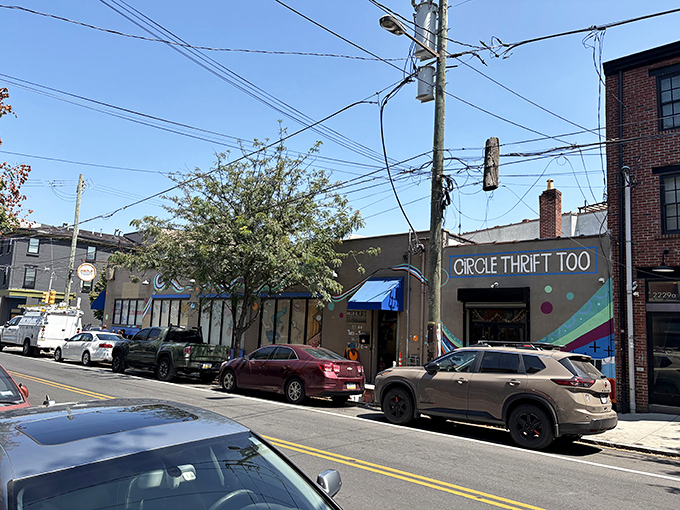 The colorful murals flanking Circle Thrift's entrance are just a preview of the creative possibilities waiting on every rack and shelf inside.
