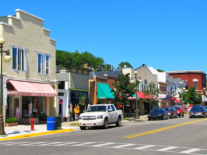 Colorful awnings shade Harbor Springs' sidewalks, creating perfect spots to pause and watch the world not rushing by.
