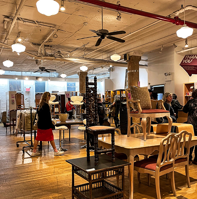 Inside Housing Works Chelsea, furniture treasures await beneath soaring ceilings and thoughtful lighting that showcases every detail.