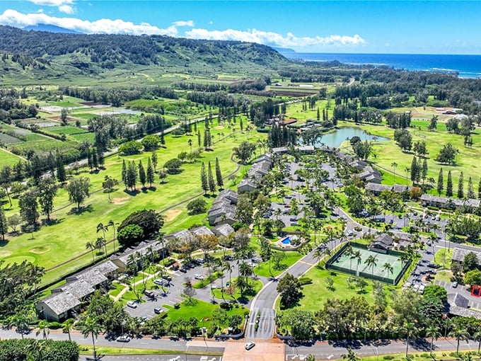 Aerial view of Kahuku's perfect balance of developed land and natural beauty. Hawaii's master class in sustainable paradise.