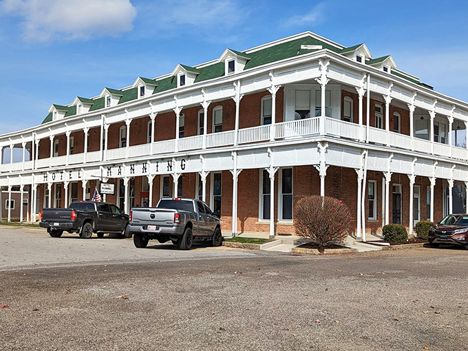 The stately architecture of Keosauqua's main street pop against the blue sky. Window shopping here beats any mall I've visited since the 1980s!