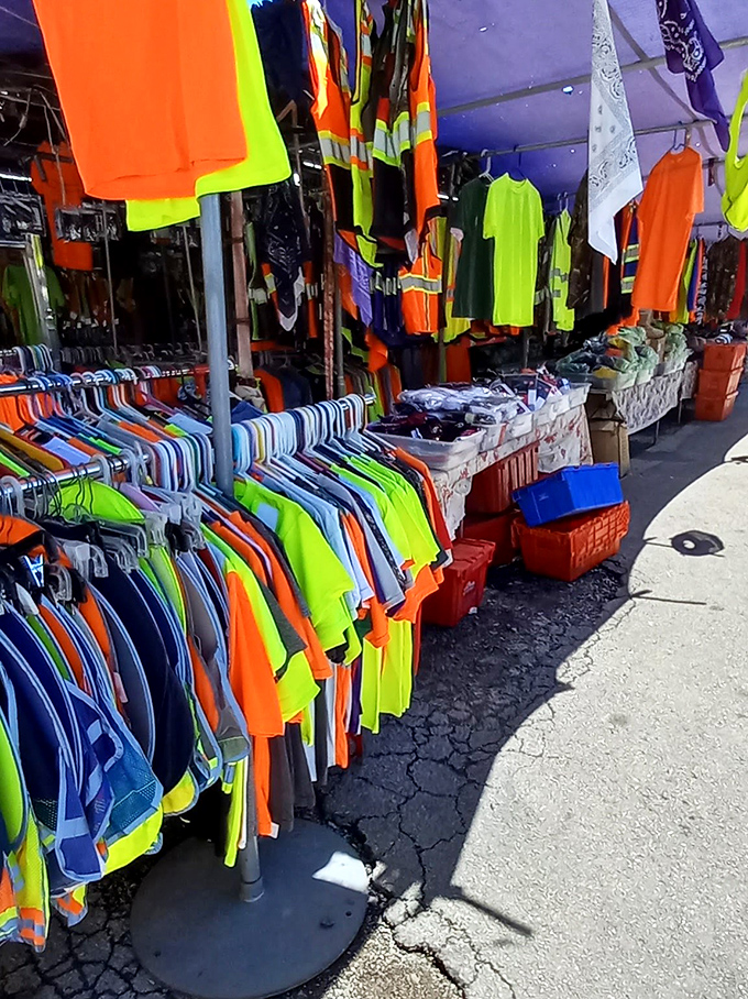 Neon paradise! This vendor at La Pulga Seagoville specializes in high-visibility workwear that's both practical and surprisingly affordable.