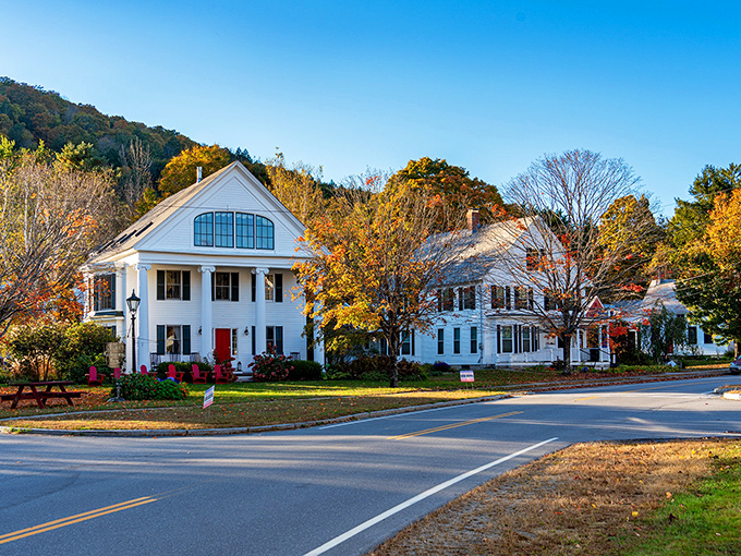 The gentle curve of Newfane's main road leads the eye toward hills that change their wardrobe with each passing season.