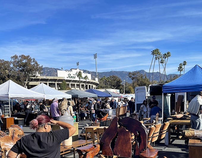 Antique heaven with a view! The Rose Bowl Flea Market showcases treasures with the iconic stadium in the background.