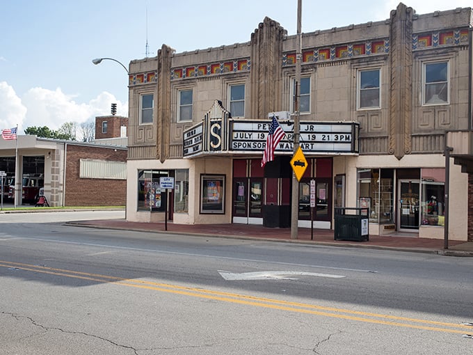 Salem's historic theater still shows movies at small-town prices, complete with art deco charm and patriotic bunting.