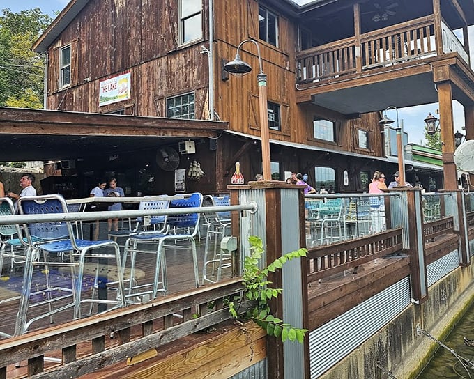 Rustic wood and waterfront dining create the ultimate lake experience at this Ozarks seafood haven.