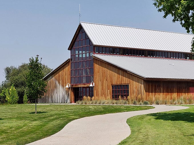 This modern barn structure honors agricultural heritage while providing community space that doesn't smell like actual barns.