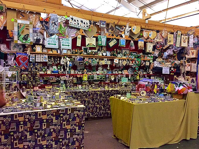This vendor's booth is organized chaos at its finest, where flags, trinkets, and memorabilia create a colorful tapestry of nostalgia.