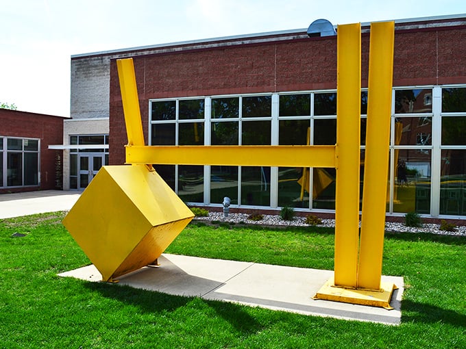 This bold yellow sculpture outside BVU's art gallery proves that even in small towns, big artistic statements have their place.