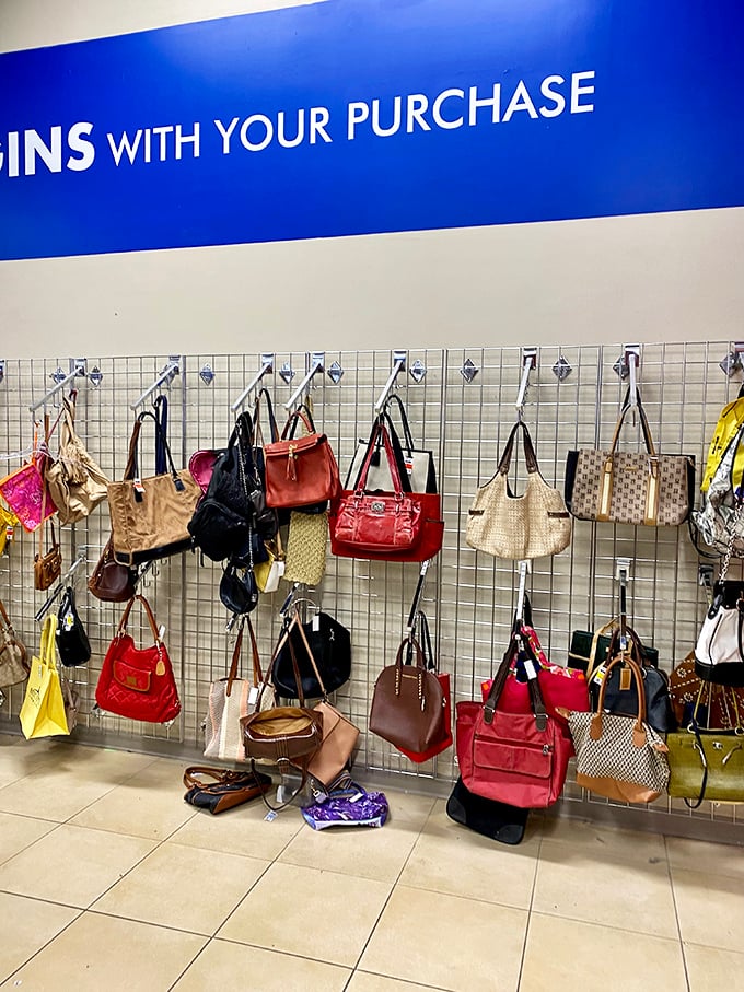Handbag heaven! Designer purses hanging like fashionable fruit, ripe for the picking at prices that won't require a second mortgage.