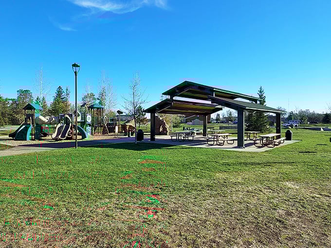 This well-maintained park pavilion and playground represents Bemidji's commitment to family-friendly spaces where memories are made between screen time.