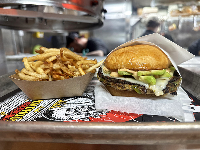 Who says vegetarians miss out? This black bean burger with hand-cut fries proves plant-based can be just as indulgent as its meaty cousins.