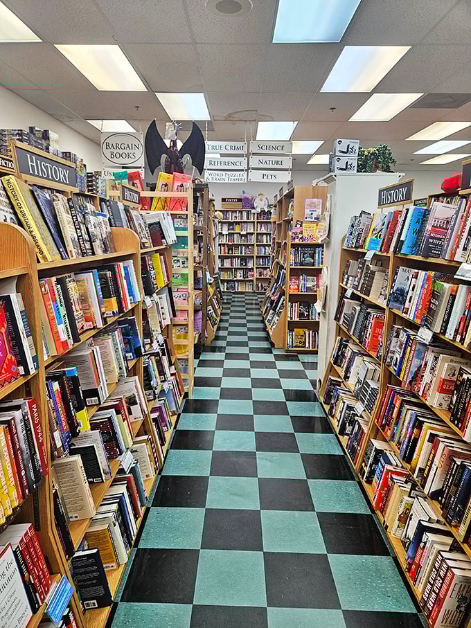 History meets mystery in these well-organized aisles, where the checkered floor guides you through literary worlds waiting to be discovered.