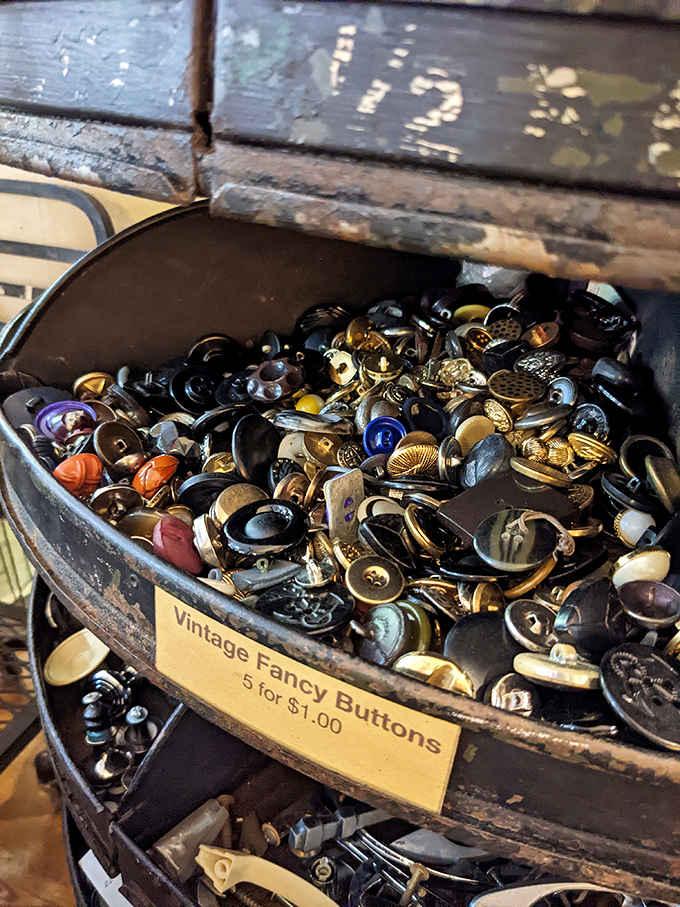 Vintage buttons by the bowlful! Five for a dollar buys you fashion history spanning decades of American style and craftsmanship.