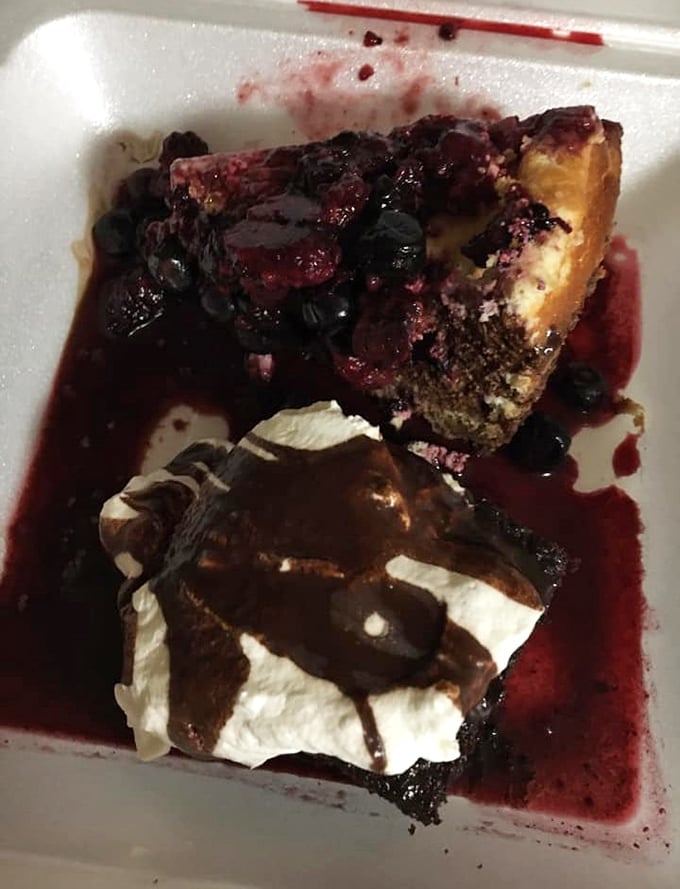 Dessert at Cowboy Corner doesn't mess around—berry pie swimming in its own juices alongside chocolate cake that means serious business.