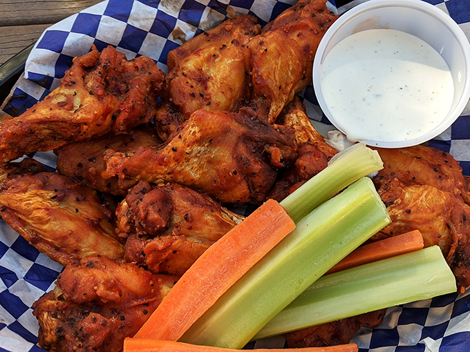 Buffalo wings that could make a vegetarian weep with temptation. Served with cooling ranch and crisp veggies&mdash;a flavor rodeo in every bite.