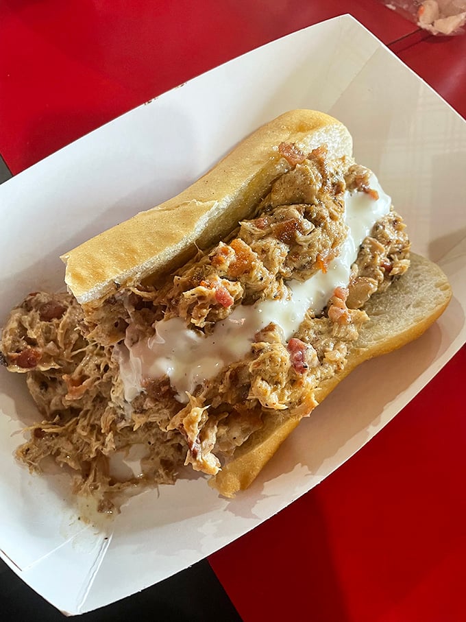 The chicken sandwich comes split in two, not because it's trying to create fake footprints, but because one serving is practically a two-person expedition.