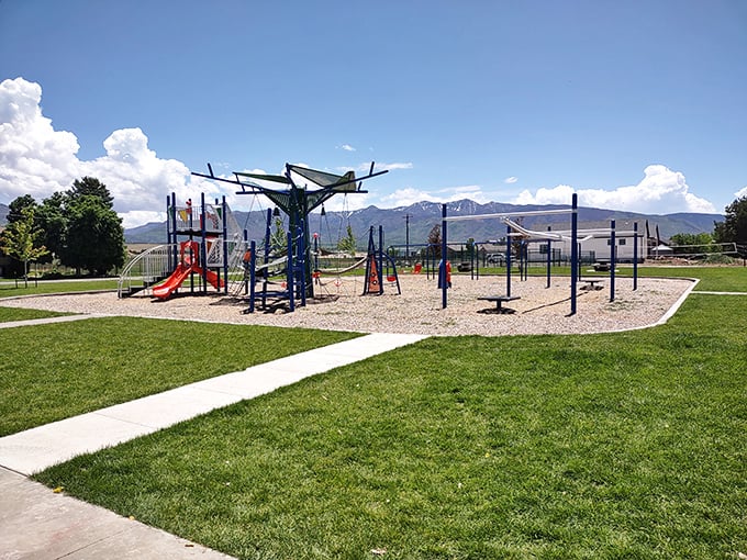 Playground equipment reaching skyward against mountain backdrops&mdash;where kids burn energy and parents contemplate the majesty of geological time.