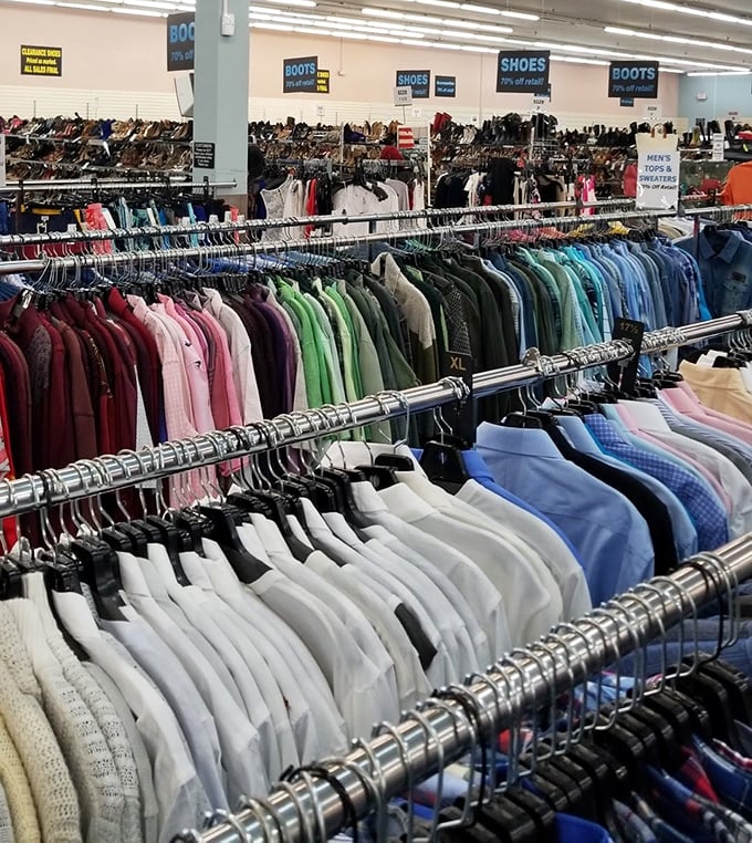 A rainbow of designer possibilities awaits the patient explorer. Each carefully organized rack contains potential wardrobe game-changers for those willing to hunt.