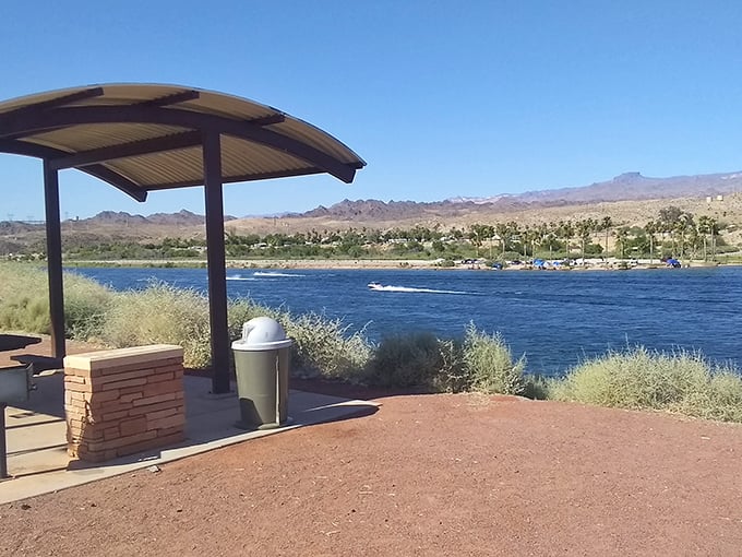 Riverside picnic shelters offer front-row seats to the Colorado River's blue waters, where jet skis zip by like aquatic motorcycles.
