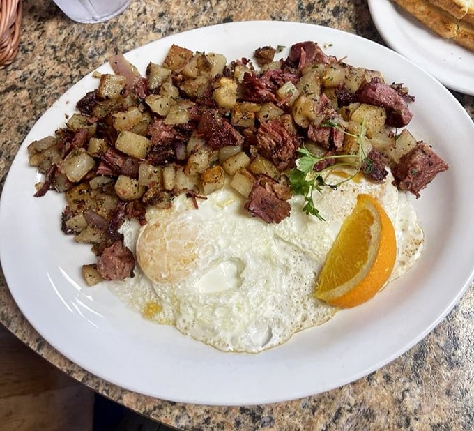 Corned beef hash with eggs sunny-side up &ndash; the breakfast equivalent of finding a parking spot right in front of your destination.