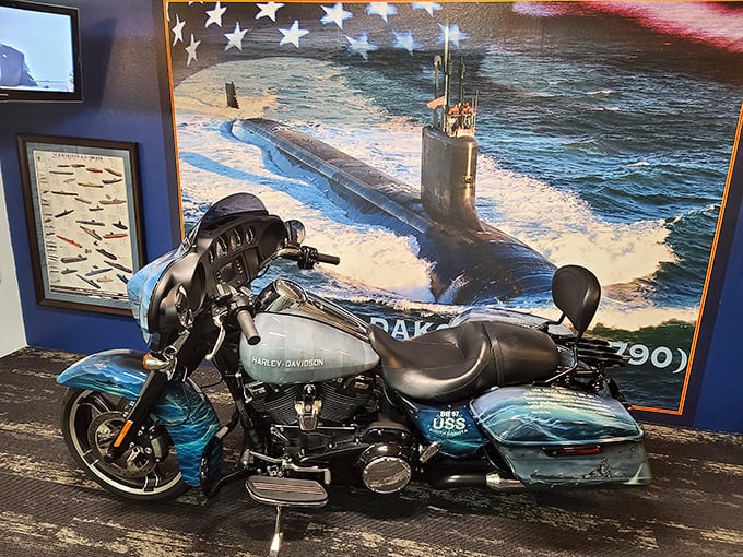 This nautical-themed Harley stands ready for duty against a submarine backdrop&mdash;a marriage of American military might on land and sea.