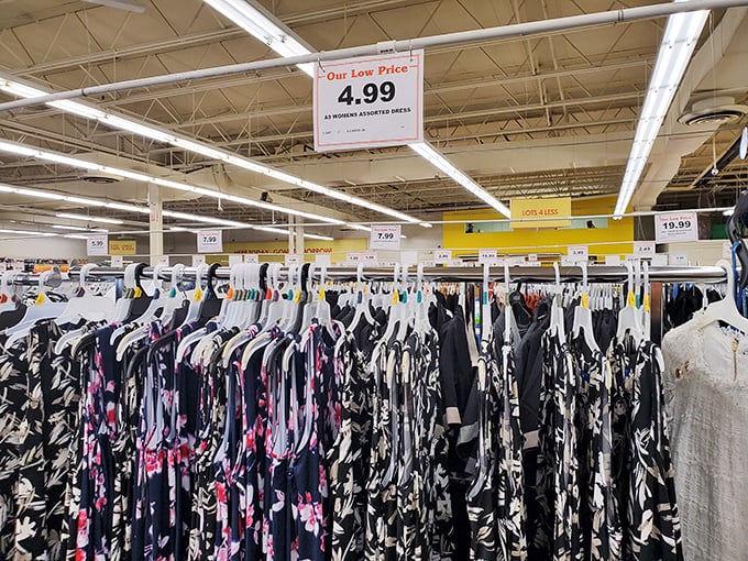 The clothing department's "Our Low Price" signs are like love notes to your budget. Racks of possibilities where fashion meets fiscal responsibility.