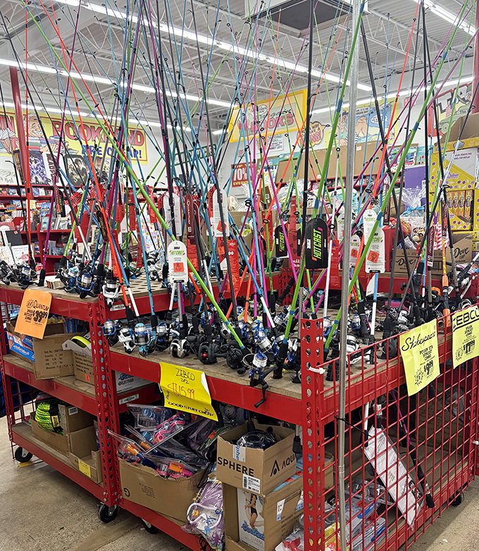 The fishing section stands like a colorful forest of possibility, where weekend warriors and serious anglers alike can reel in serious deals without getting soaked.