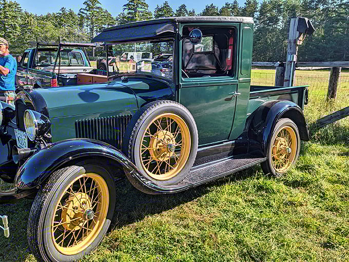 This gleaming Model A isn't just transportation &ndash; it's a time machine on wheels, complete with vintage charm and golden spokes.
