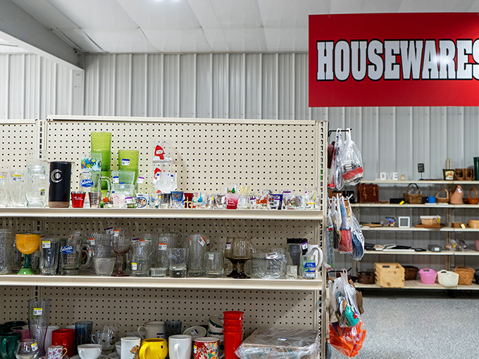 Glassware galore! From everyday tumblers to "fancy company" crystal, these shelves hold liquid history waiting to be poured.