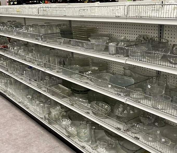 Crystal clear opportunities sparkle on these shelves. Grandma's punch bowl might be hiding here, ready for its second act at your next gathering.