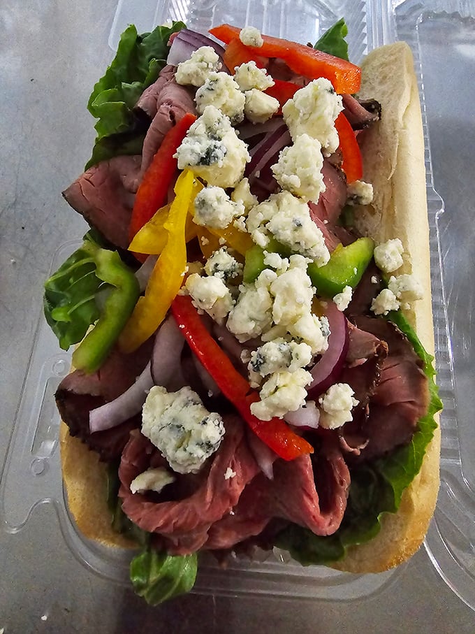 Not just a sandwich&mdash;it's an architectural marvel of roast beef, colorful peppers, and blue cheese crumbles that somehow fits in human hands.