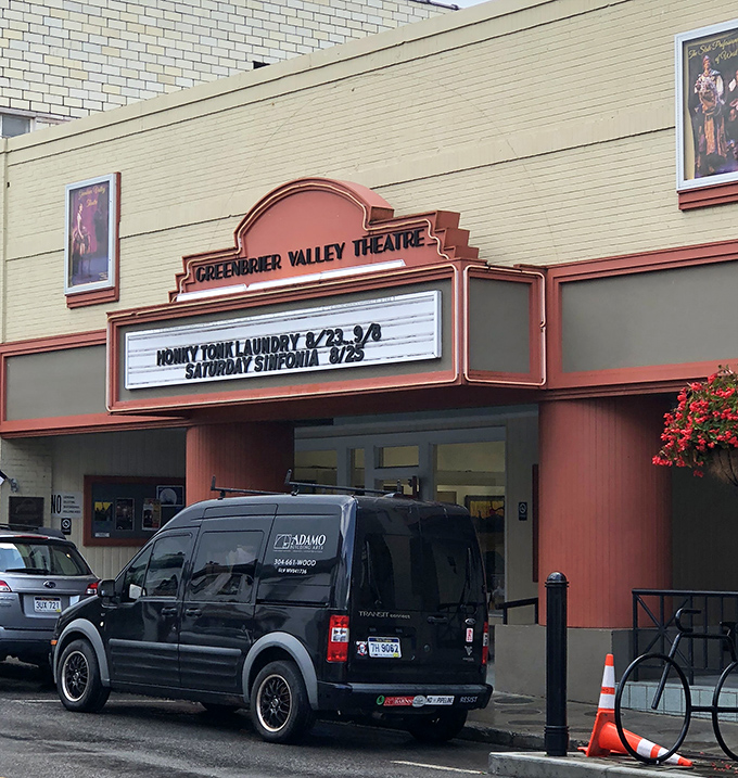 The Greenbrier Valley Theatre marquee promises entertainment that rivals Broadway productions, just without the impossible parking and eye-watering prices.
