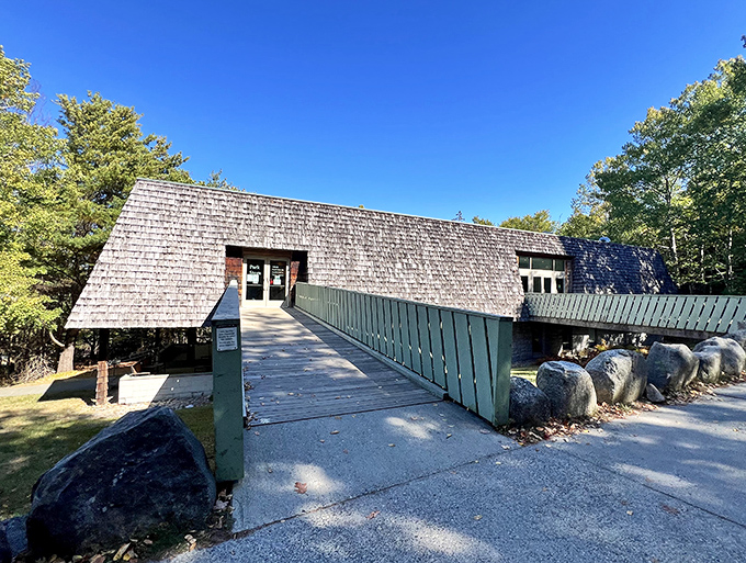 Hulls Cove Visitor Center welcomes park explorers with its distinctive shingled roof&mdash;like a hobbit house designed by L.L. Bean.