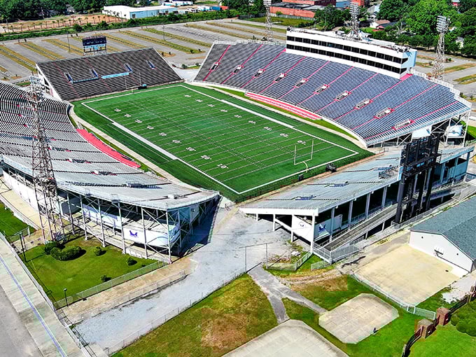 Ladd-Peebles Stadium awaits the roar of fans under Alabama's blue skies, where football isn't just a game—it's practically a religion.