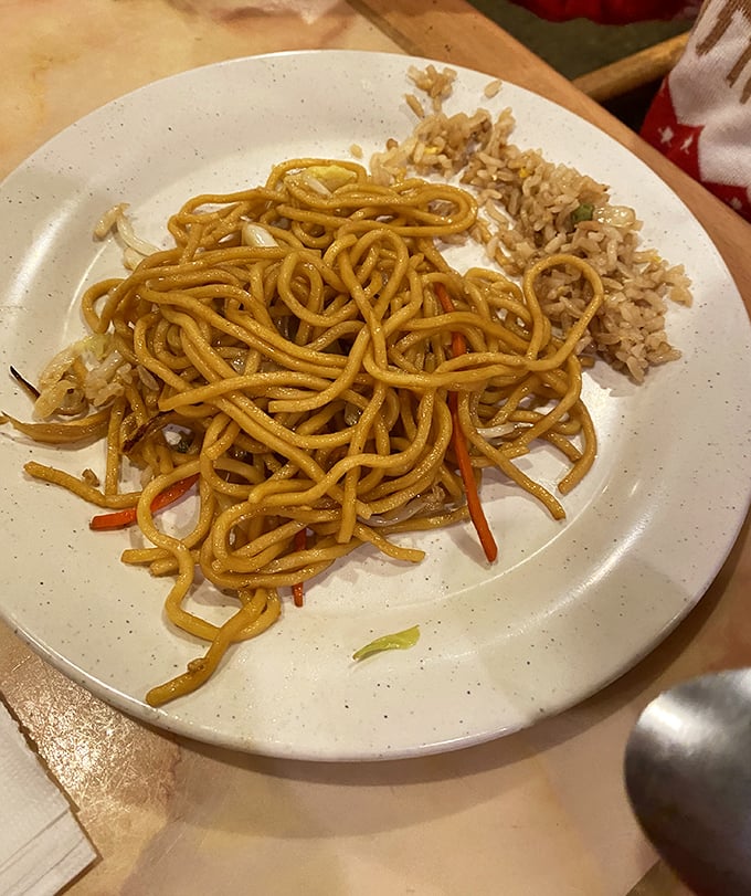 Lo mein noodles coiled like a carbohydrate dream, accompanied by rice that knows its supporting role in this delicious drama.