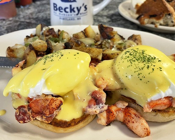 Lobster Benedict: where Maine's famous crustacean meets breakfast royalty under a golden crown of hollandaise.