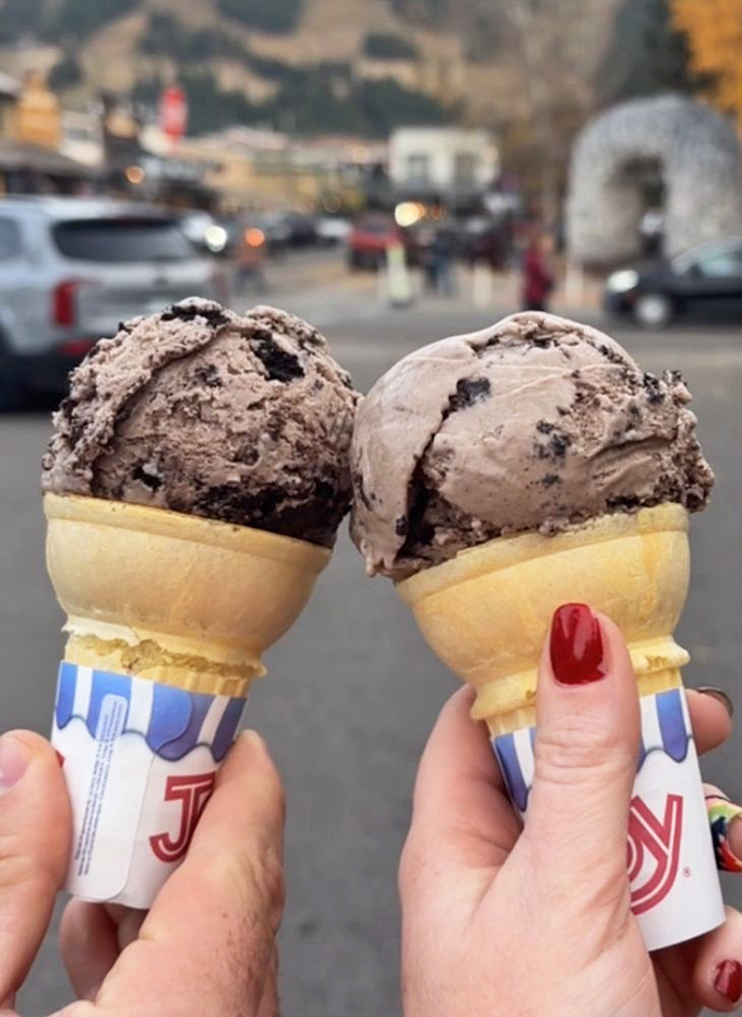 Two chocolate scoops against Jackson's blurred backdrop&mdash;proof that some vacation photos should focus on what truly matters.