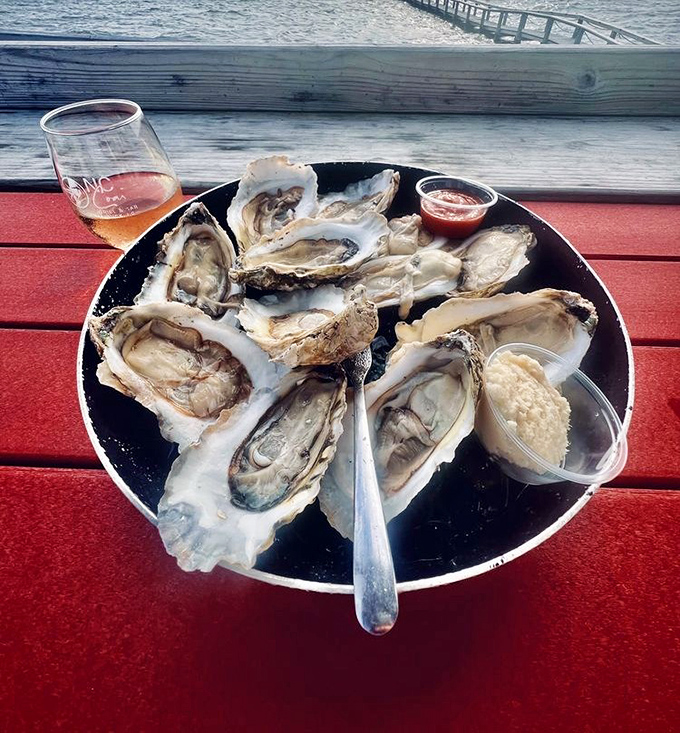 Fresh oysters on the half shell with a waterfront view&mdash;nature's perfect appetizer served in its own environmentally friendly packaging.