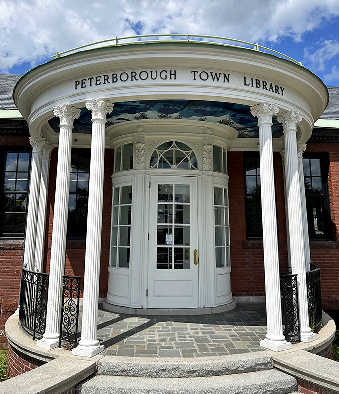 The Peterborough Town Library's elegant entrance says "books are important" without saying a word. America's oldest tax-supported free library still impresses.