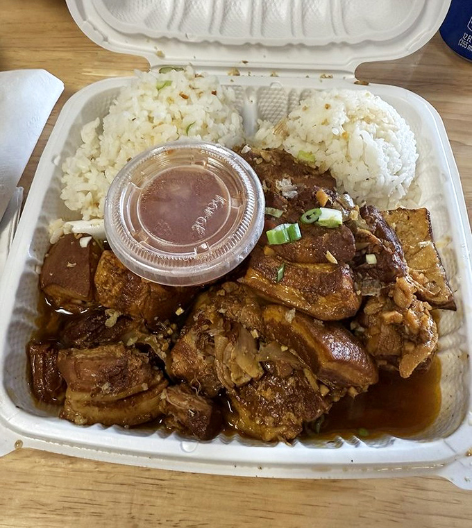 Pork belly adobo that glistens with promise. Each bite delivers that perfect balance of fatty, tangy, and savory that haunts your dreams.