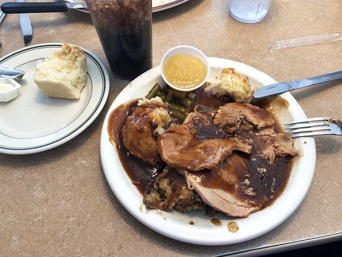 Sunday dinner any day of the week &ndash; this roast pork with gravy and all the fixings would make your grandmother nod in approval.