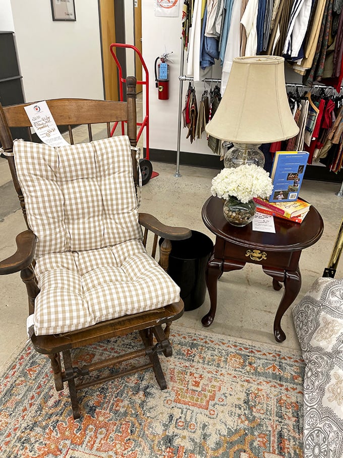 The perfect reading nook, assembled piece by piece. That checkered cushion practically whispers, "Sit down with a good book and stay awhile."