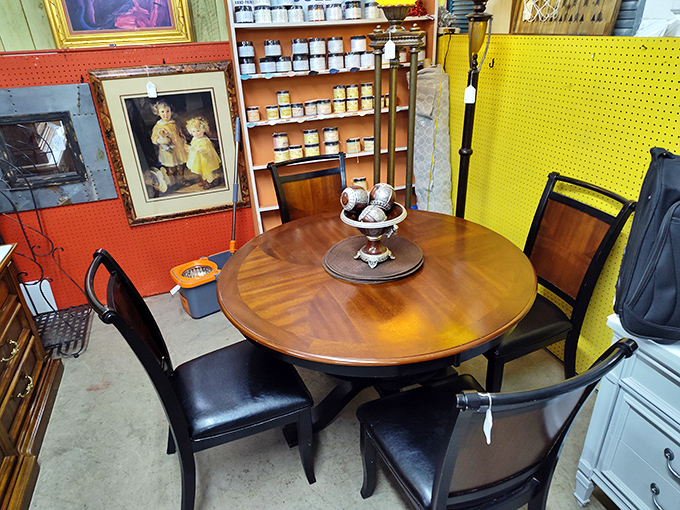 This dining set isn't just furniture; it's the stage where future family memories await—surrounded by pegboard walls showcasing treasures from simpler times.