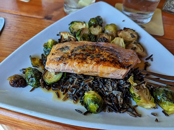 Salmon doesn't get more photogenic than this &ndash; perfectly seared and resting on a bed of wild rice and Brussels sprouts like it's posing for Minnesota Monthly.
