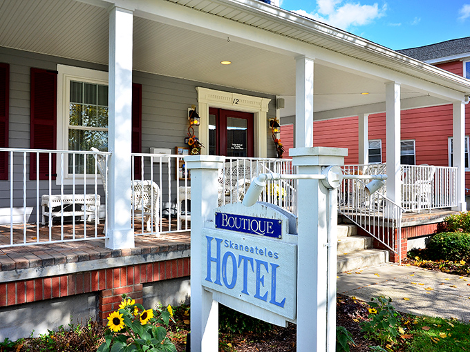 The Skaneateles Boutique Hotel's inviting porch practically whispers, "Come sit a spell." Those rocking chairs aren't going to rock themselves!