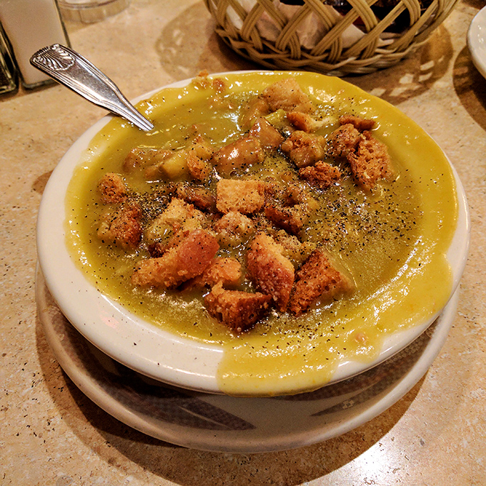 A bowl of split pea soup that's thick enough to stand your spoon in&mdash;comfort food that's worth the trip alone.