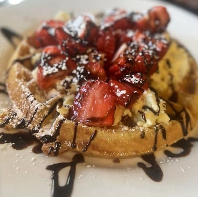 These waffles aren't just breakfast&mdash;they're dessert masquerading as a morning meal, complete with strawberries to help you pretend it's healthy.